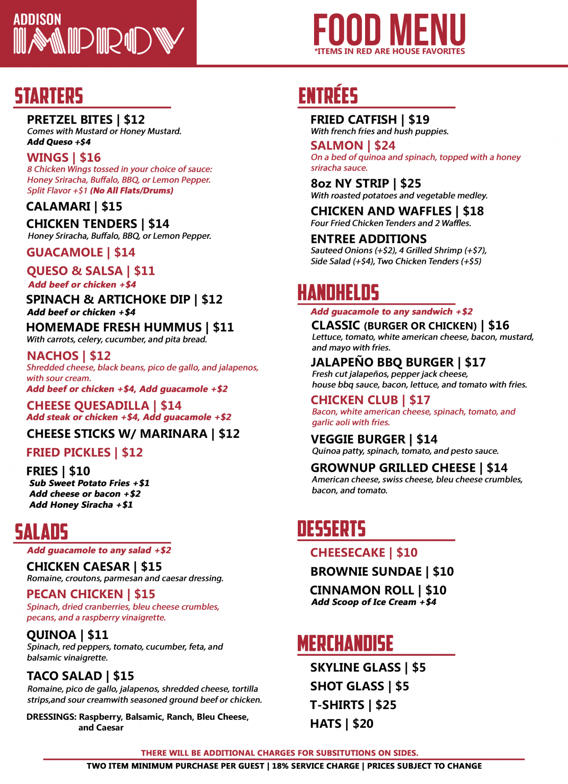 Addison Improv Food and Drink Menus