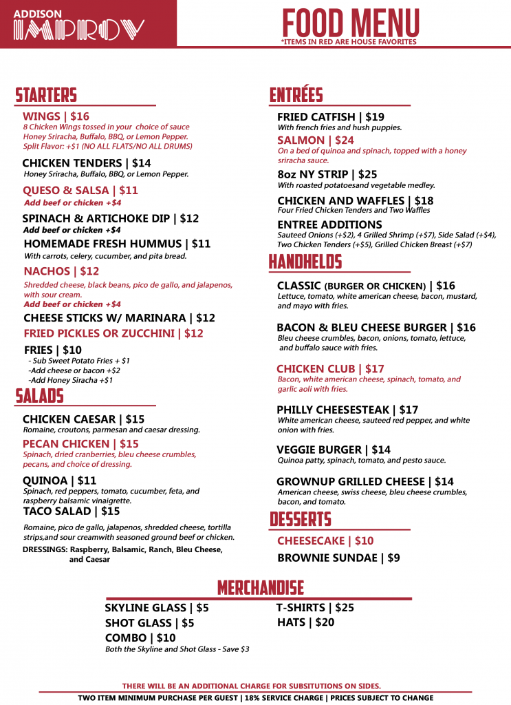 Addison Improv Food and Drink Menus