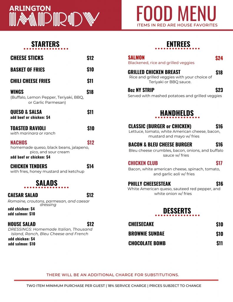 Arlington Improv Food and Drink Menus