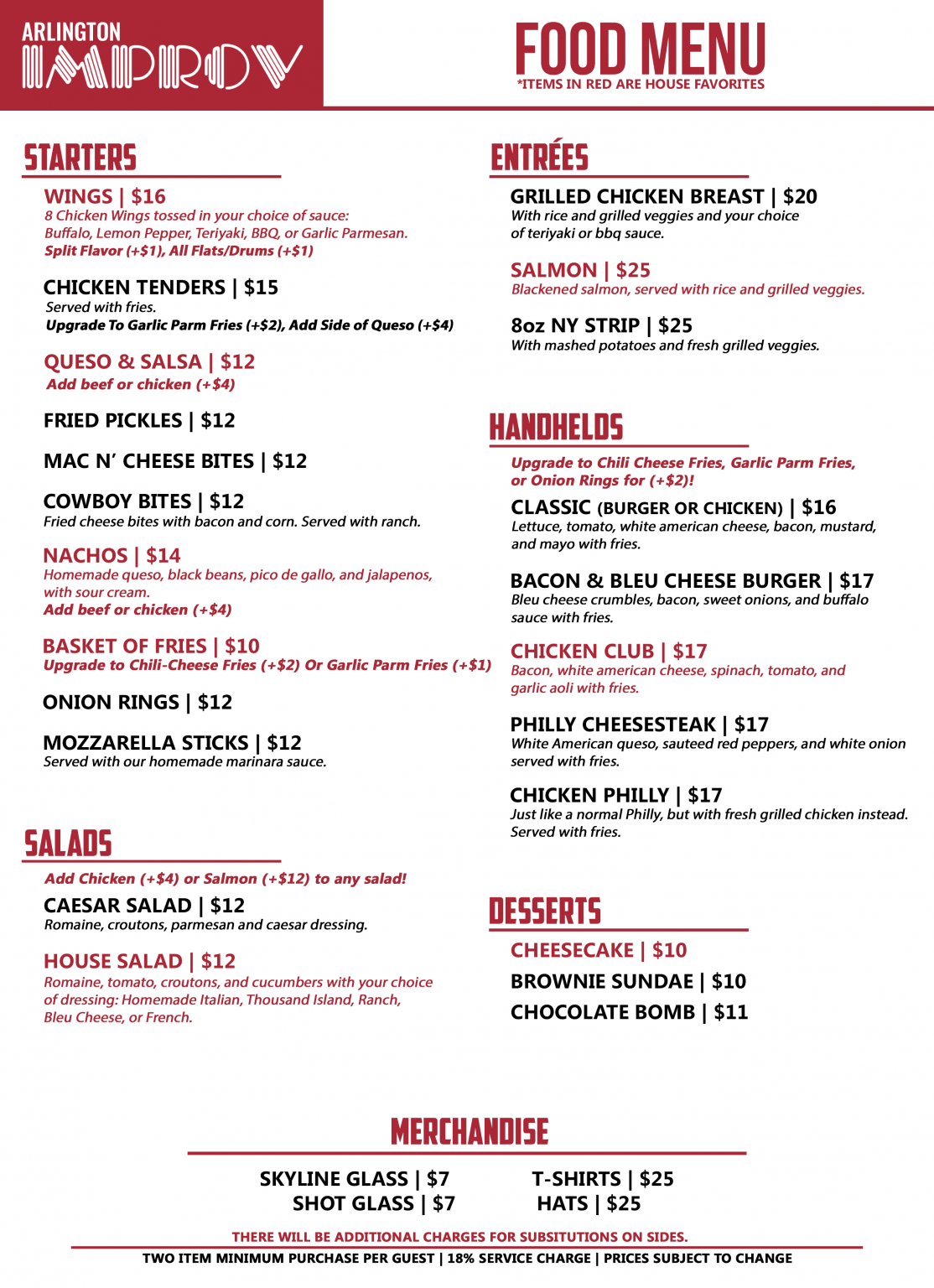 Arlington Improv Food and Drink Menus