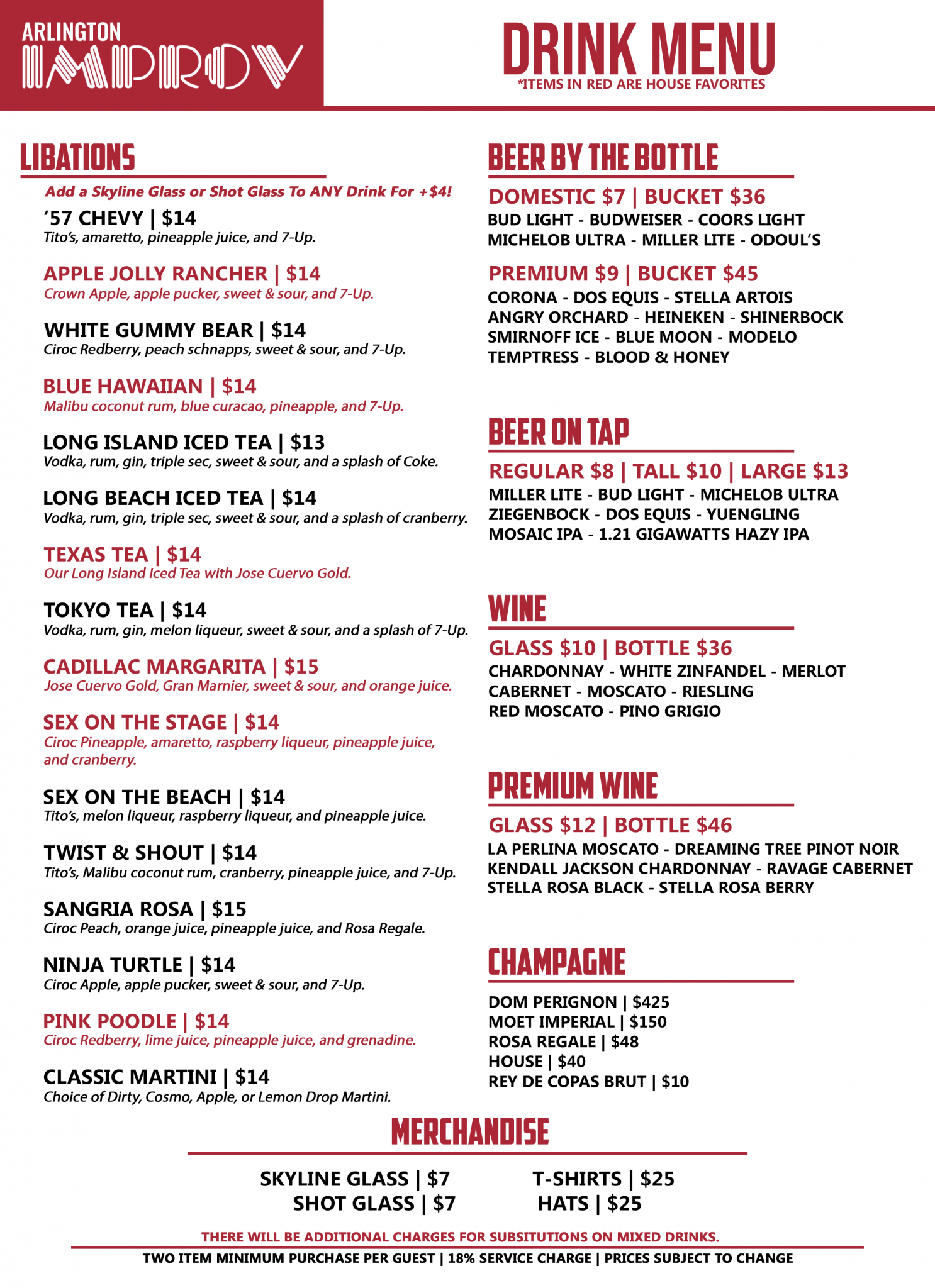 Arlington Improv Food and Drink Menus