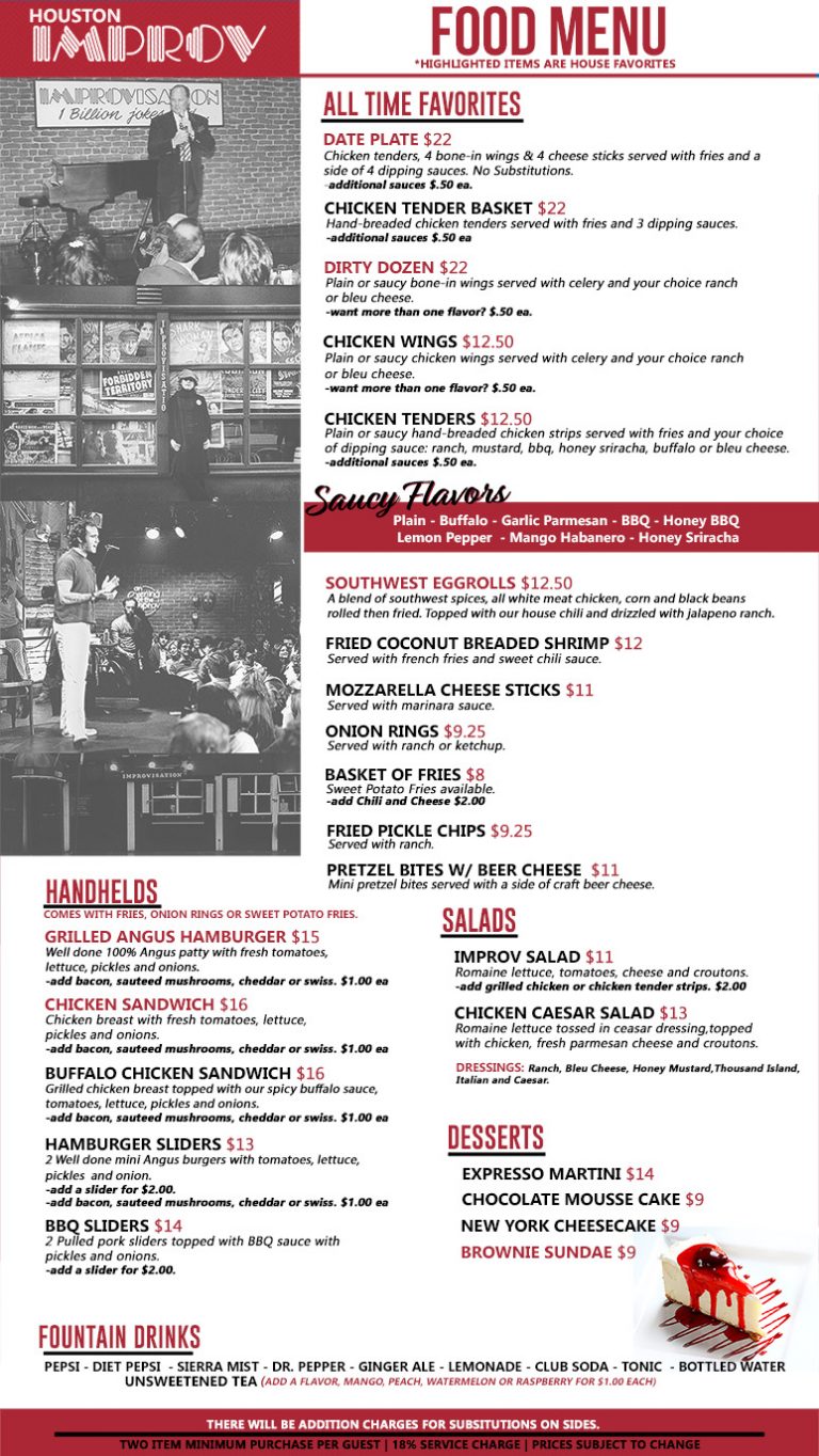 Houston Improv Food and Drink Menus