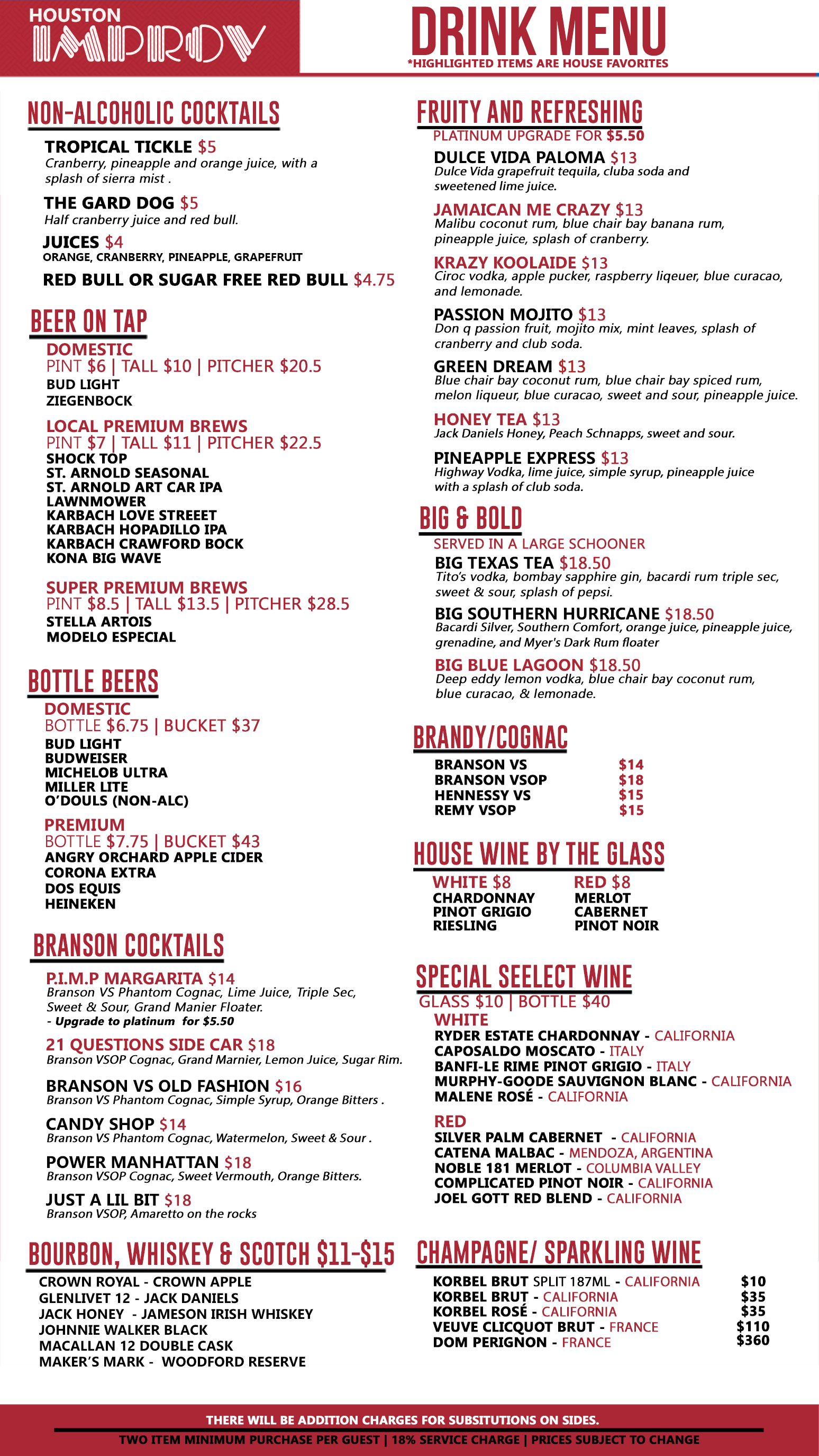 Houston Improv Food and Drink Menus