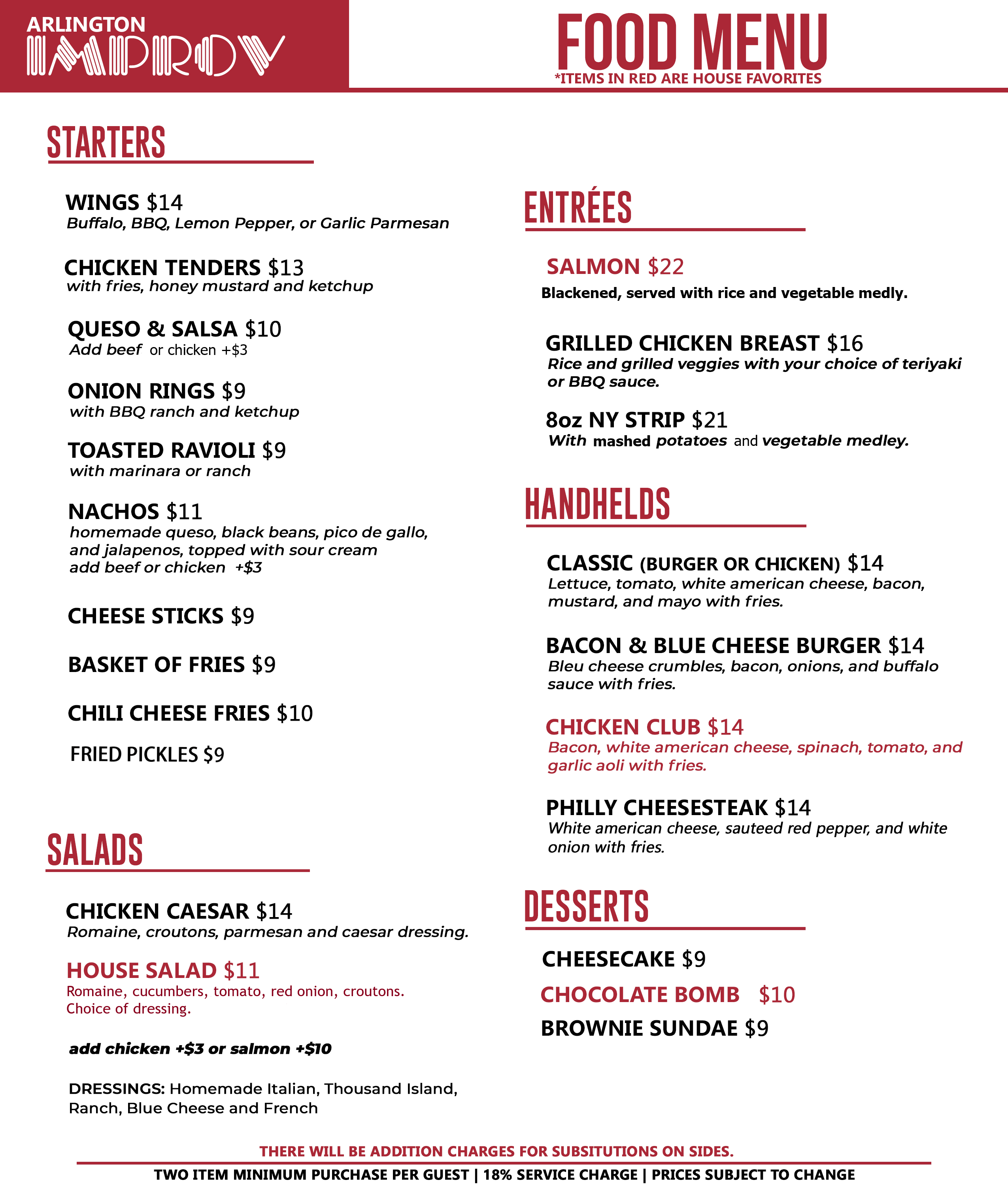 Arlington Improv Food and Drink Menus