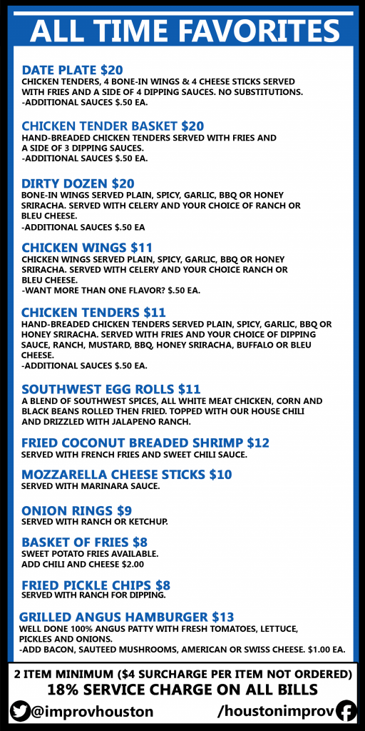 Houston Improv Food and Drink Menus