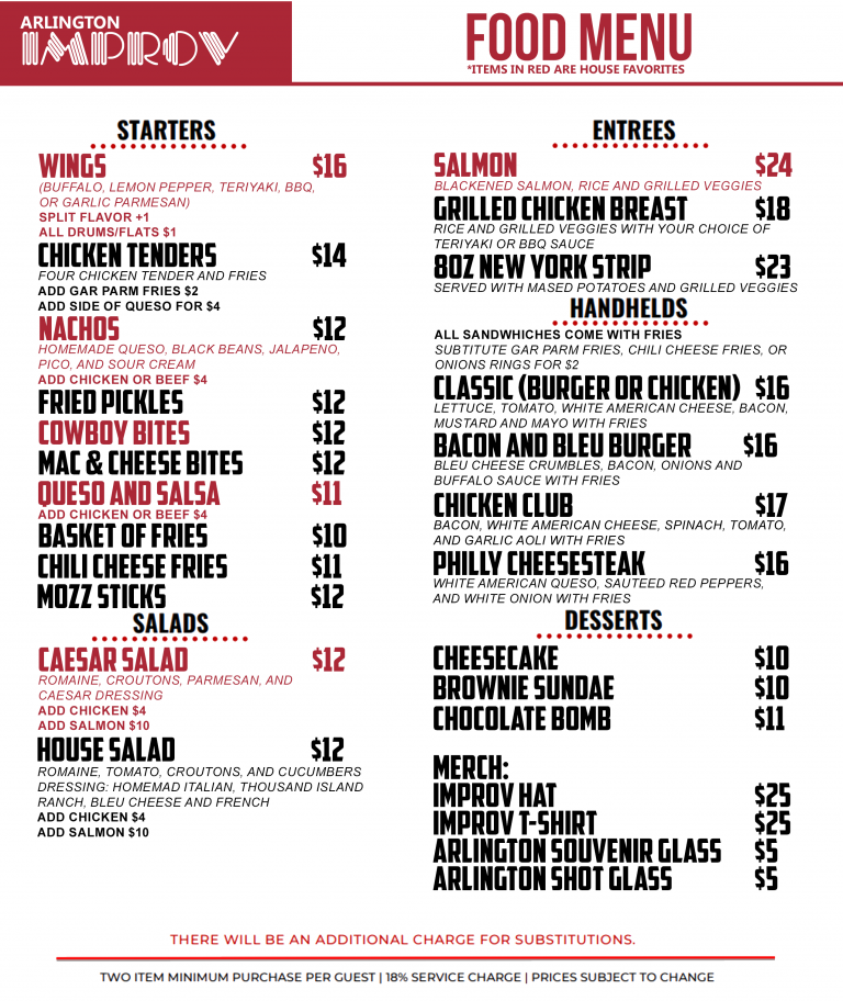 Arlington Improv Food and Drink Menus
