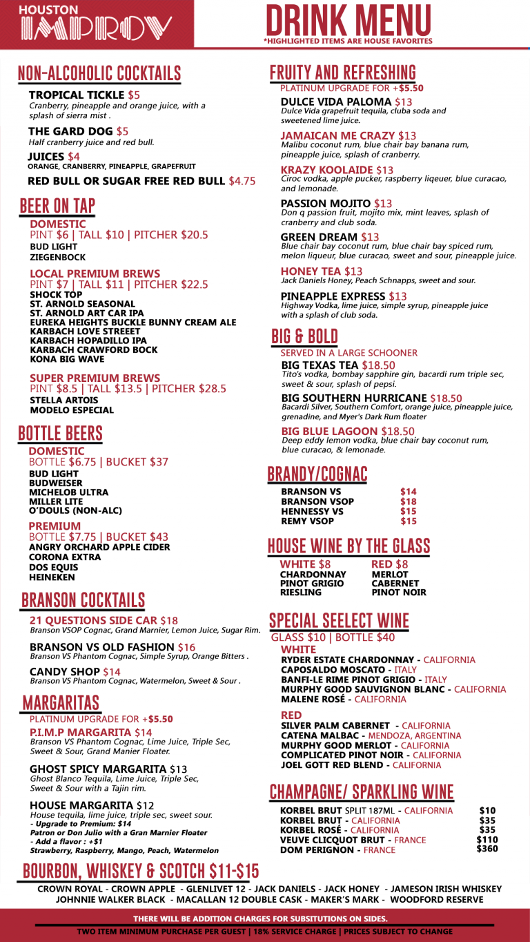 Houston Improv Food and Drink Menus