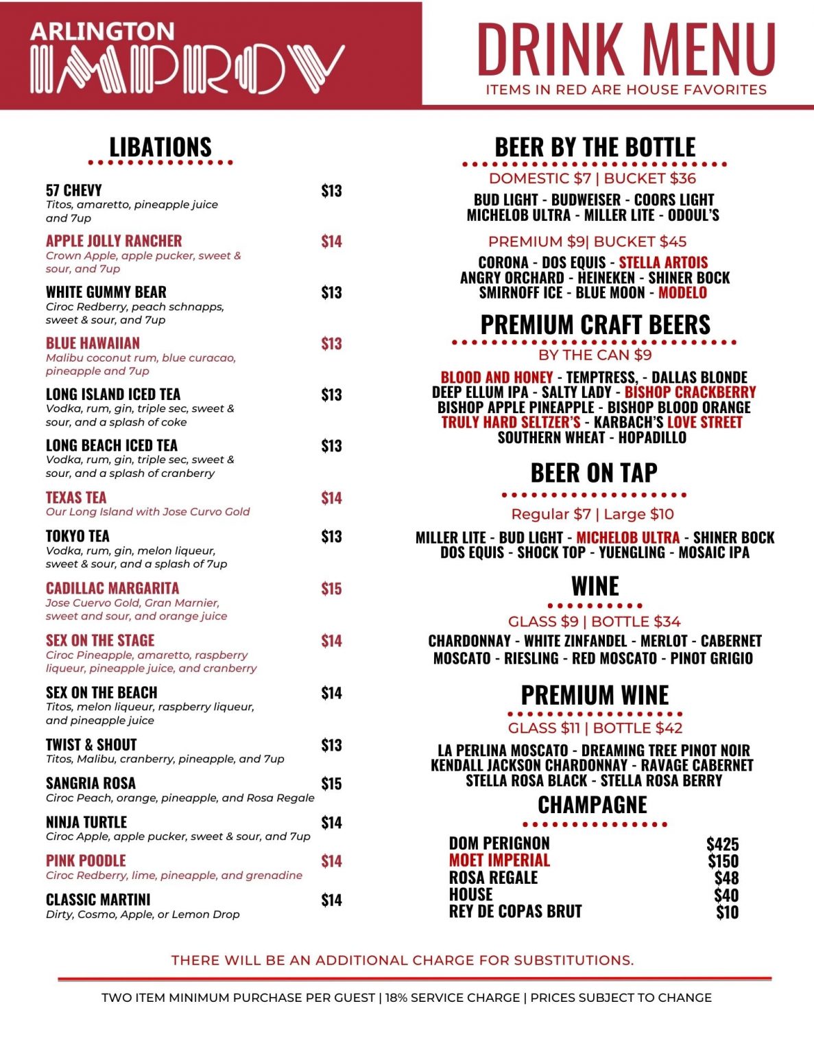 Arlington Improv Food and Drink Menus