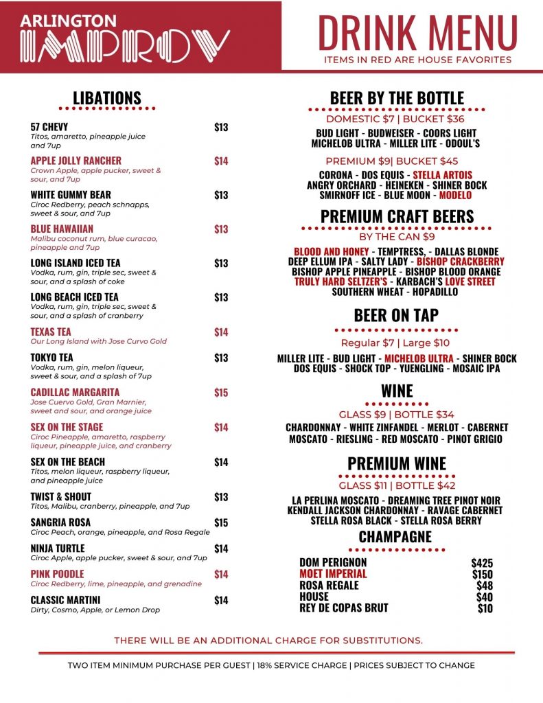Arlington Improv Food and Drink Menus