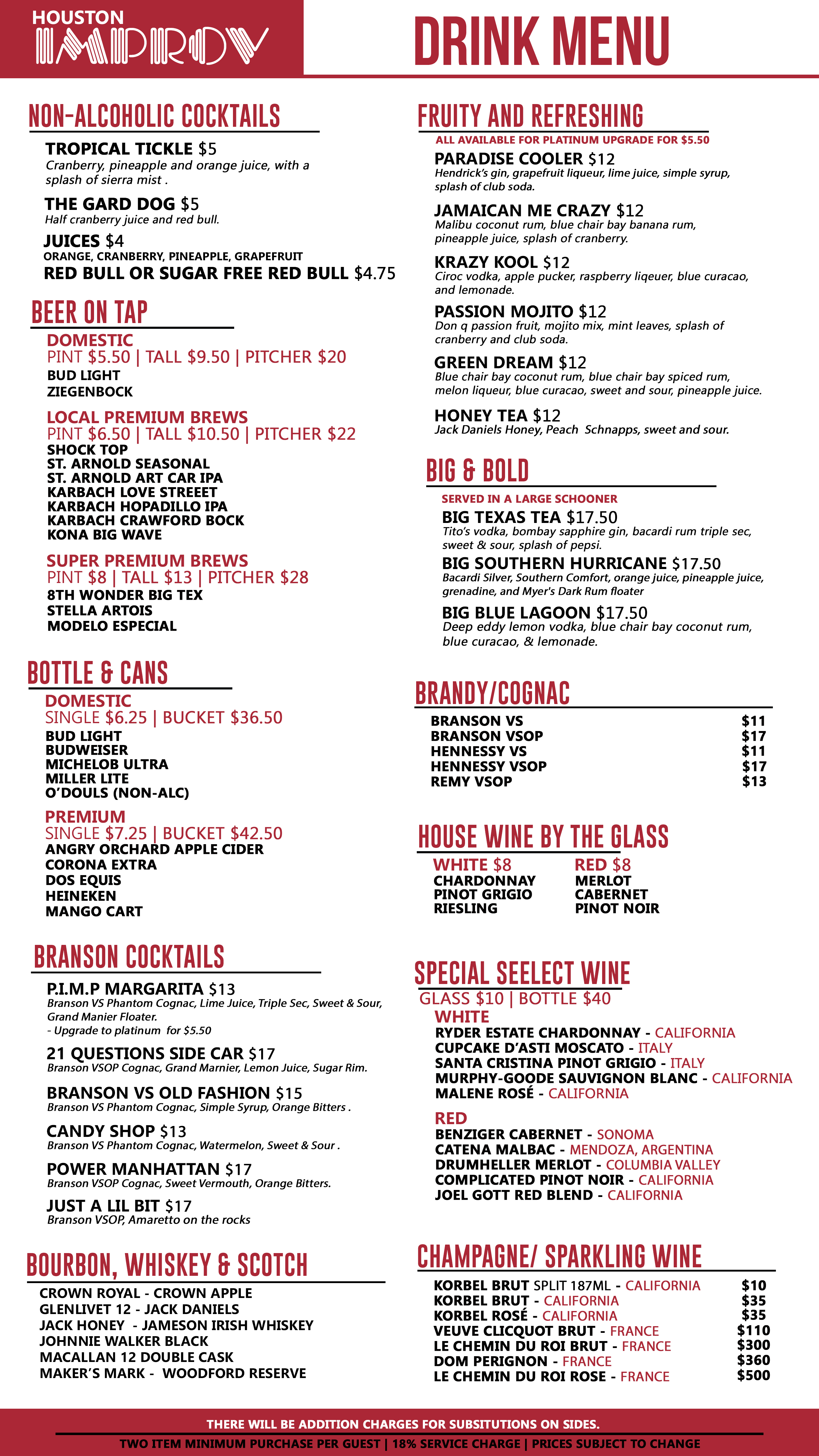 Houston Improv Food and Drink Menus